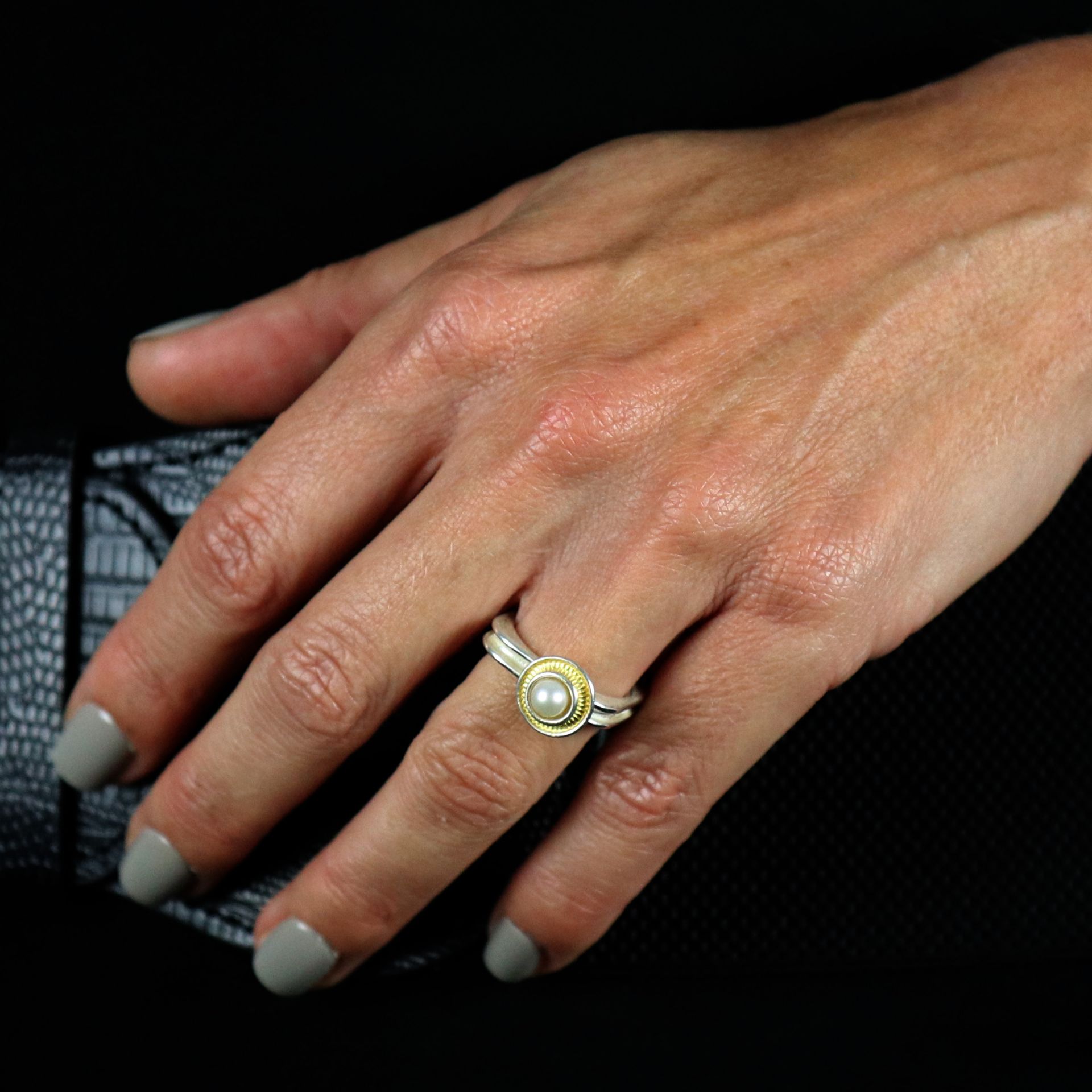 Square Stack Pearl Ring- Handcrafted Sterling Silver Ring with Pearl ...